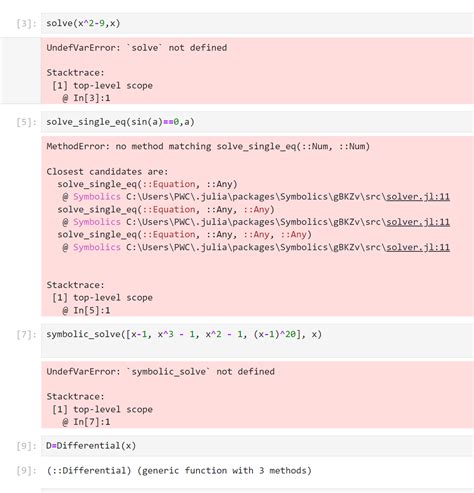 symbolics solve command undefined general usage julia programming language