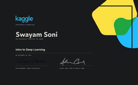 swayam soni completed the intro to deep learning course on kaggle