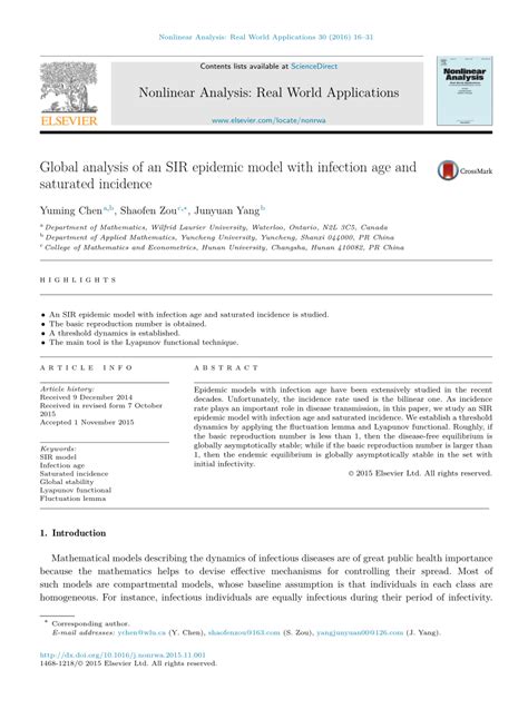 Pdf Global Analysis Of An Sir Epidemic Model With Infection Age And Saturated Incidence