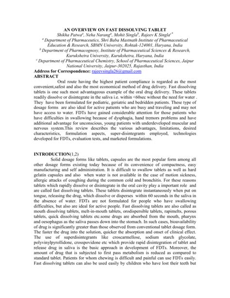 Review On Fast Dissolving Tablet