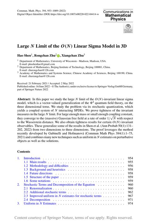 Large N Limit Of The On Linear Sigma Model In 3d Request Pdf