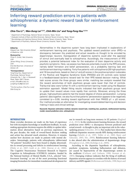Pdf Inferring Reward Prediction Errors In Patients With Schizophrenia