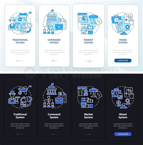 Ui电商海报 Banner 经济系统类型在移动应用程序屏幕上显示夜间和白天模式。演练 4 个步骤的图形说明页面，包含线性概念。 Ui、ux、gui 模板。使用 Myriad Pro Bold