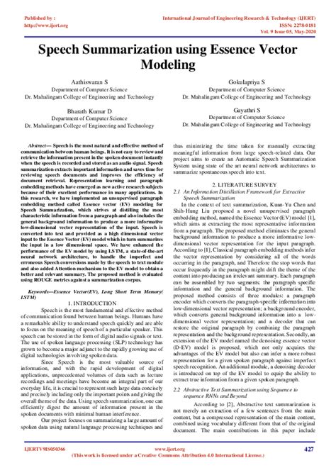 pdf ijert speech summarization using essence vector modeling
