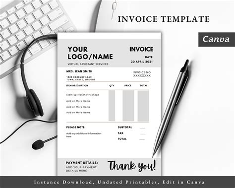 Virtual Assistant Invoice Template Small Business Templates Editable Invoice Pdf Customizable