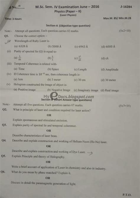 Msc Physics Laser Physics 4th Sem Pre Year Q Papers Myedocs • मेरे लेख्य