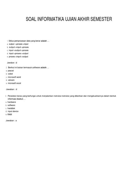 Soal Informatika Kelas 10 Ujian Semester 2 Tahun 2024 Pdf