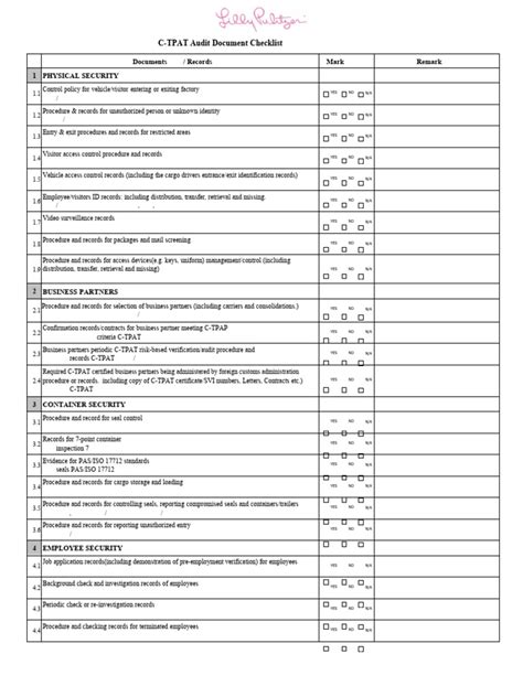 Lilly Pulitzer C Tpat Audit Document Checklist 2012 Pdf Computer Security Security