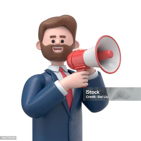 웃고 있는 수염을 기른 미국 사업가 밥이 확성기로 이야기하는 3d 그림 흰색 배경에 3d 렌더링 가공의 인물에 대한 스톡 사진 및 기타 이미지 Istock