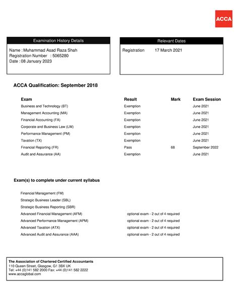Exam History Transcript 7276157899408793905 Acca Qualification September 2018 Exam Result