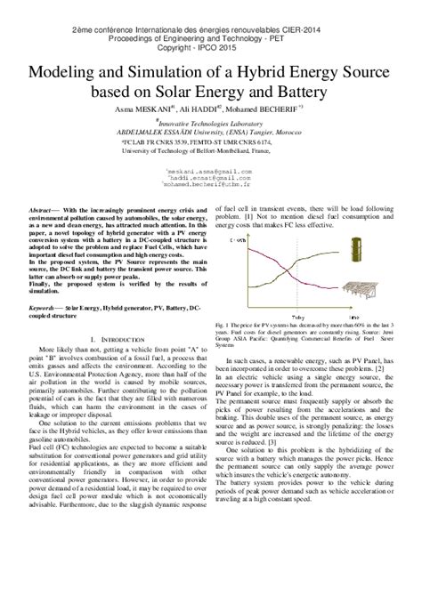 Pdf Modeling And Simulation Of A Hybrid Energy Source Based On Solar