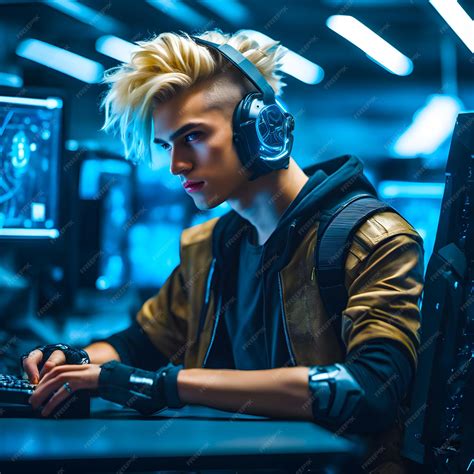 Premium Ai Image Full Length Portrait Handsome Hacker Cyberpunk Young
