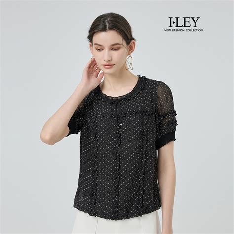 Iley伊蕾 荷葉裝飾波點印花雪紡上衣黑；m 2l 長袖 Yahoo奇摩購物中心
