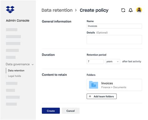 Form Fields For Creating Data Retention Policy Within The Dropbox