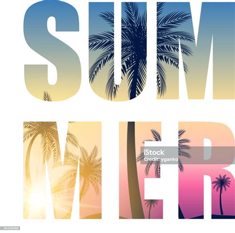 여름 단어 Beautifil 팜 트리 잎 실루엣 배경 벡터 일러스트 레이 션 우림에 대한 스톡 벡터 아트 및 기타 이미지