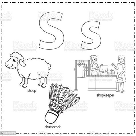 3 개의 만화 이미지를 가진 어린이를위한 소문자와 대문자 모두에서 문자 S를 학습하기위한 벡터 일러스트레이션 양 셔틀콕 숍키퍼 갈고리 발톱에 대한 스톡 벡터 아트 및 기타