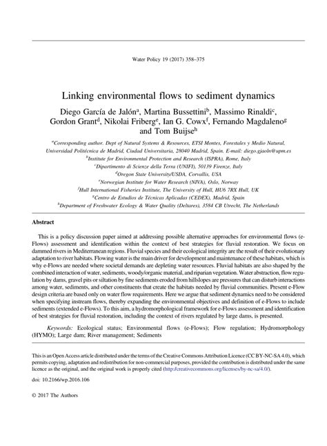 Pdf Linking Environmental Flows To Sediment Dynamics
