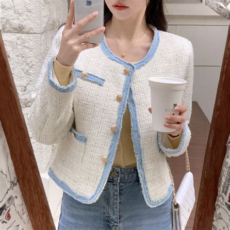 아뜨랑스 가을트위드하객룩데이트룩1000장 돌파 로렌 배색 포켓 트위드 세미크롭자켓 나들이룩 트위드자켓 노카라자켓 자켓 Jk2799