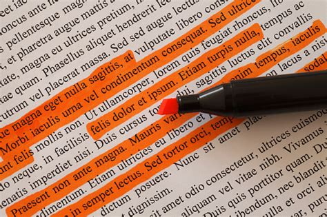 Lorem Ipsum Text Some Lines Are Highlighted With Orange Marker Stripes Selective Focus Document