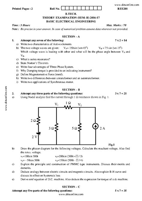 Btech 2 Sem Basic Electrical Engineering Ree201 2017 Printed Pages