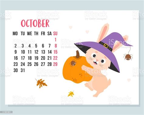 2023년 10월 달력 귀여운 토끼 할로윈은 거미와 큰 오렌지색 호박으로 마녀 모자를 쓰고 있습니다 벡터 일러스트레이션 수평 템플릿 월요일부터 주 영어로 10월에 대한 스톡