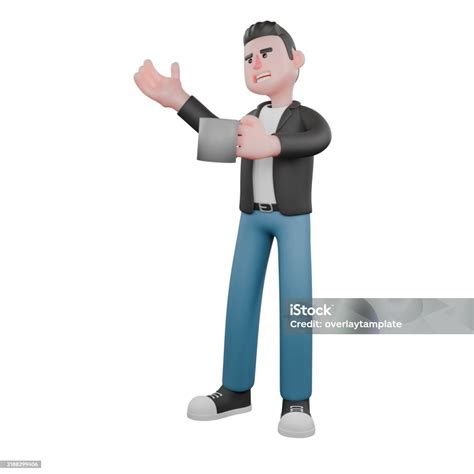3d 크리 에이 티브 만화 카메라맨 삽화 디자인 스타일 모델 한 남성 카메라맨이 한 손을 앞으로 뻗고 다른 한 손은 커피잔을 들고 서 있다 그림 3차원 형태에 대한 스톡