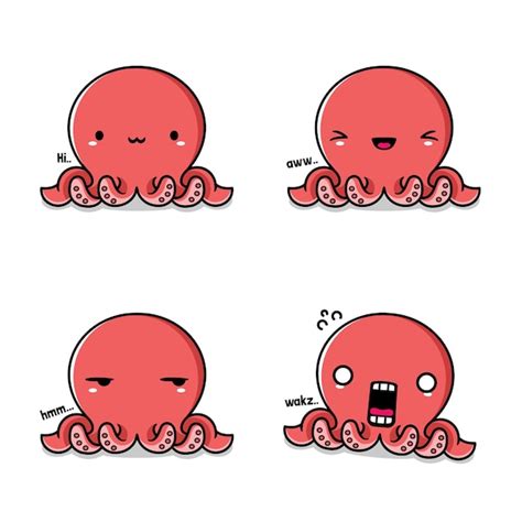 귀여운 문어 이모티콘의 벡터 일러스트 레이 션 프리미엄 벡터