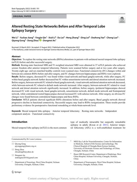 Altered Resting State Networks Before And After Temporal Lobe Epilepsy Surgery Request Pdf