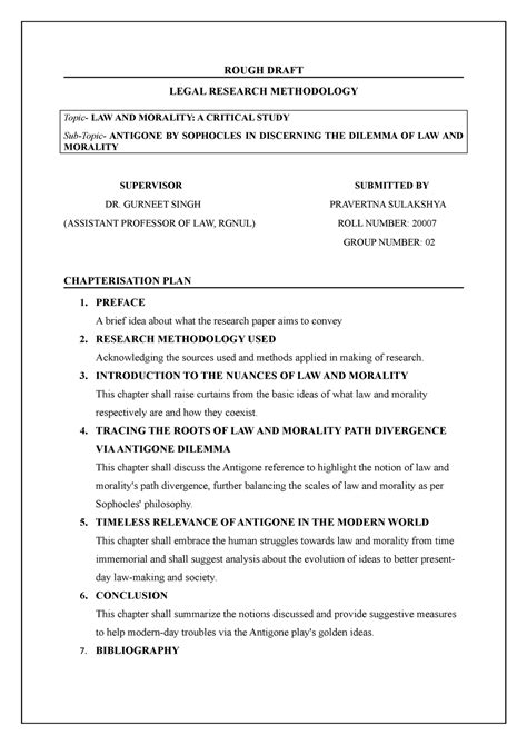 Rough Draft Format ROUGH DRAFT LEGAL RESEARCH METHODOLOGY Topic LAW AND MORALITY A CRITICAL