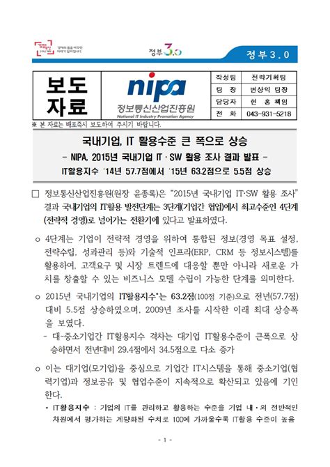 판교테크노밸리 Nipa 2015년 국내기업 It·sw 활용 조사 결과 발표