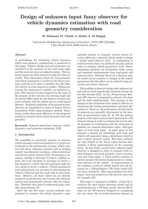 Pdf Design Of Unknown Input Fuzzy Observer For Vehicle Dynamics