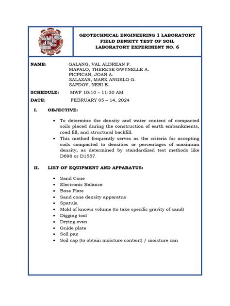 Lab 6 Field Density Pdf Density Soil