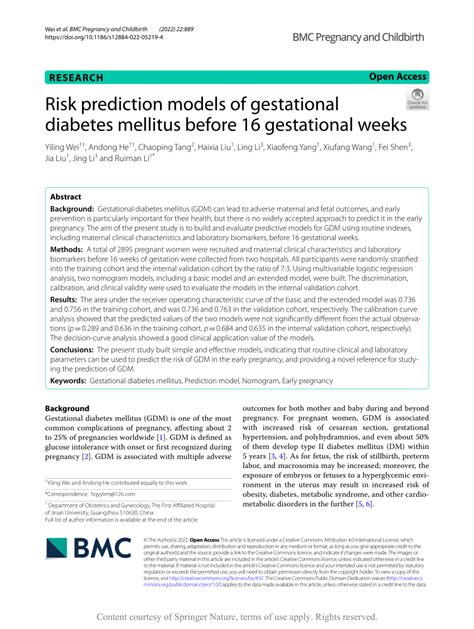 Pdf Risk Prediction Models Of Gestational Diabetes Mellitus Before 16 Gestational Weeks