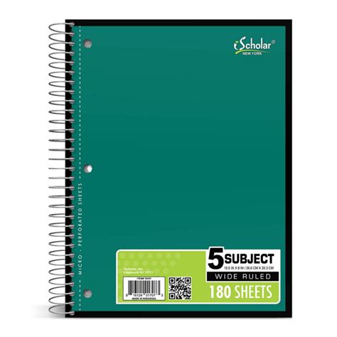 5 Subject Spiral Notebook Wide Rule 180 Sheets