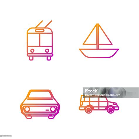 설정 라인 오프로드 도로 자동차 자동차 트롤버스와 요트 요트 범선 또는 항해 선박 그라데이션 색상 아이콘입니다 벡터 4x4 자동차에 대한 스톡 벡터 아트 및 기타 이미지
