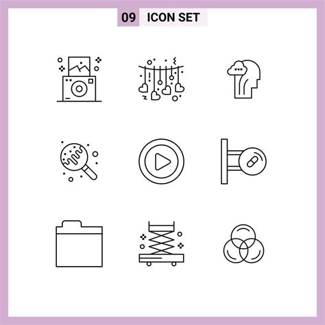 User Interface Pack Of 9 Basic Outlines Of Video Media Brain Sweets Lollipop Editable Vector