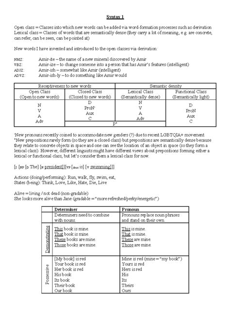 Notes Syntax 1 Syntax 1 Open Class Classes Into Which New Words
