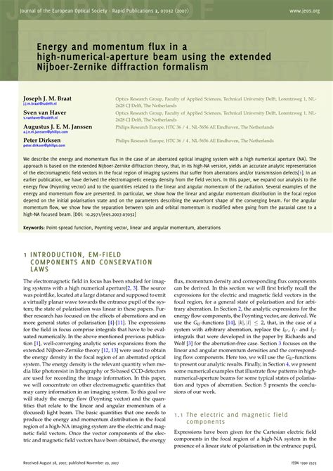 Pdf Energy And Momentum Flux In A High Numerical Aperture Beam Using