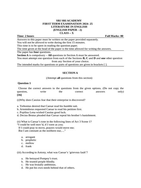 Class 10 First Term Bt 2024 25 Pdf Julius Caesar Mark Antony