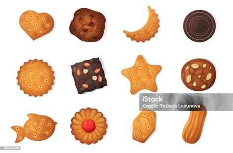 만화 쿠키 크림을 곁들인 달콤한 디저트 크래커 점심 또는 저녁 식사를 위한 달콤한 스낵 음식 플랫 페이스트리 비스킷 만화 디저트 음식 달콤한 비스킷 그림의 벡터 격리 세트