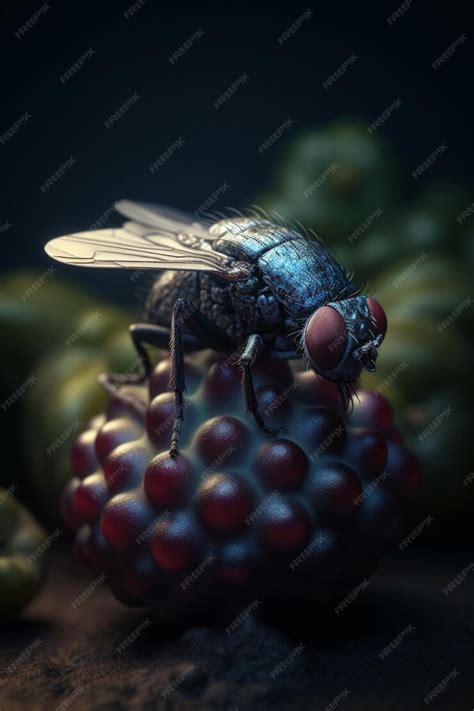 Premium Ai Image A Fly On A Raspberry In The Dark