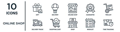 온라인 상점 개요 아이콘 세트에는 얇은 라인 선물 온라인 상점 트롤리 쇼핑 카트 위시리스트 시간 추적 보고서 프리젠 테이션 다이어그램 웹 디자인을위한 배달 트럭 아이콘이