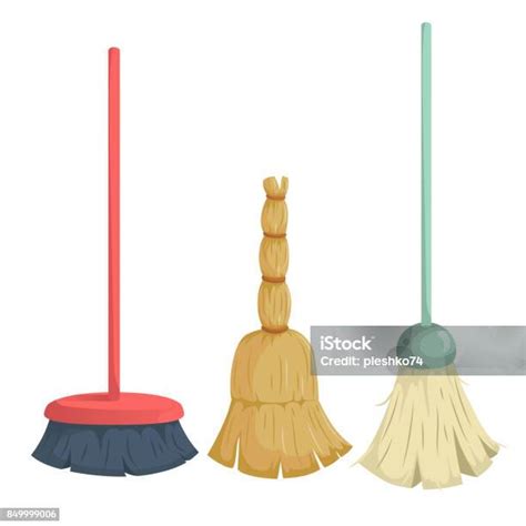 만화 유행 빗자루 아이콘 세트입니다 빈티지 자연과 현대 플라스틱 빗자루입니다 위생 및 홈 클리닝 벡터 일러스트 레이 션 가사 집안일에 대한 스톡 벡터 아트 및 기타 이미지