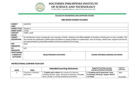 Calculus 1 Outcome Based Education Based Syllabus Docx
