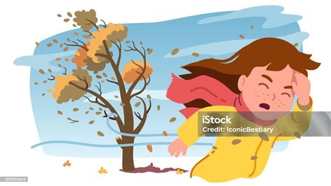 가을 강한 바람 폭풍 노란 단풍잎으로 나무를 구부리는 바람에 맞서 싸우는 소녀 아이 아이는 폭풍우 날씨에 야외에서 잡혔다 가을 시즌 바람이 부는 날 플랫 벡터 일러스트레이션