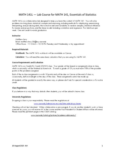 Math 141l Lab Course For Math 141 Essentials Of Statistics Pdf Statistics Regression
