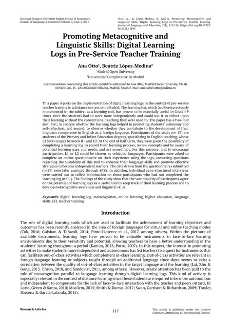 Pdf Promoting Metacognitive And Linguistic Skills Digital Learning Logs In Pre Service