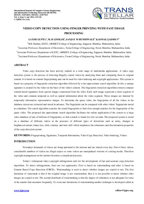 Pdf Video Copy Detection Using Finger Printing With Fast Image Processing