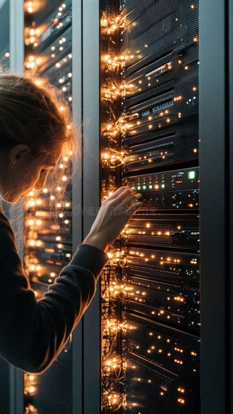 Data Center Server Racks Filled Lights Engineer Interacts Servers System For Cybersecurity