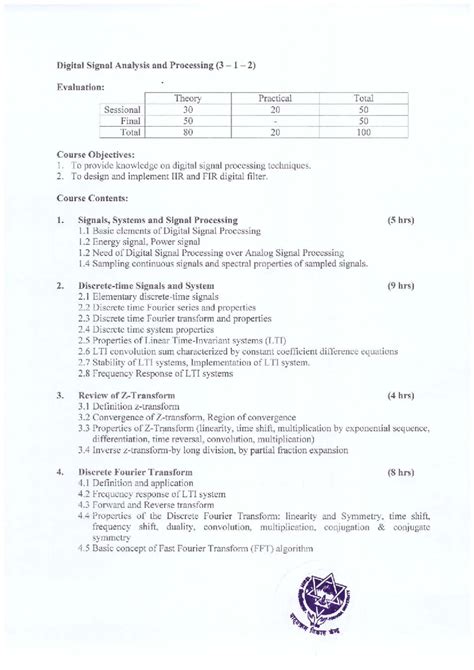 8th Semester Syllabus Digital Signal Analysis And Processing